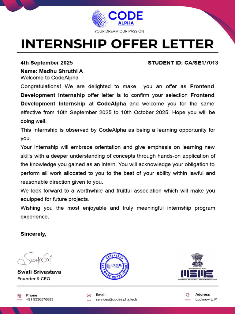 Frontend Development Internship Offer | PDF