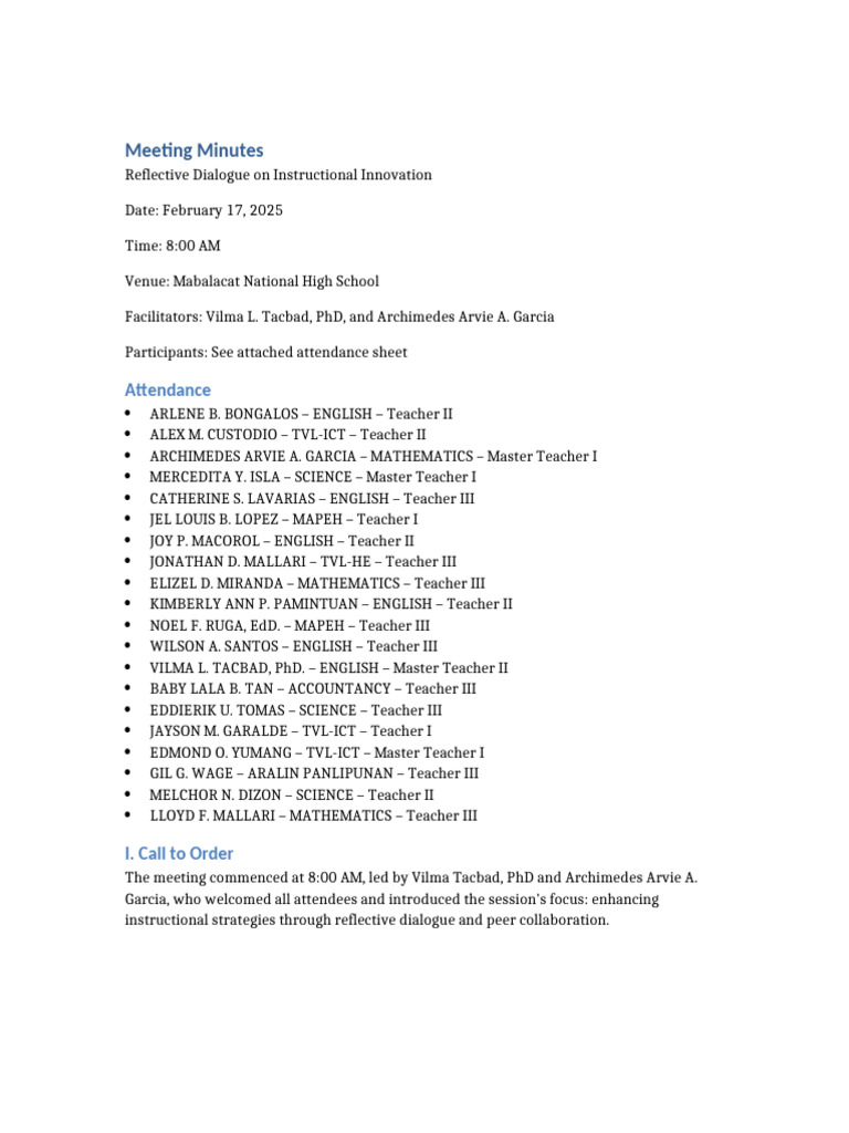 Meeting Minutes Reflective Dialogue | PDF | Pedagogy | Intelligence