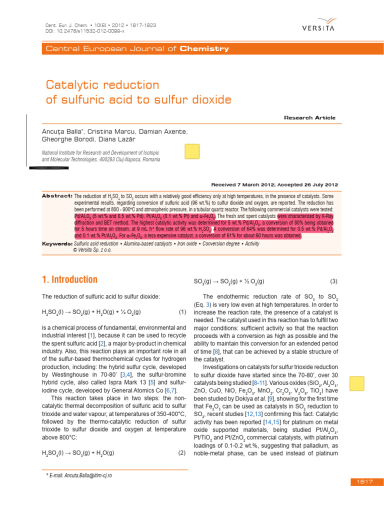 Catalytic Reduction of Sulfuric Acid To Sulfur Dioxide | PDF ...