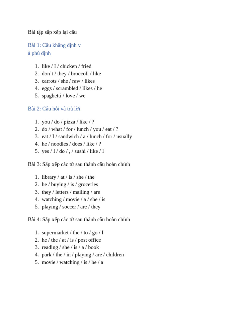 Bài Tập Sắp Xếp Lại Câu Unit 1 - 2 Up 3 | PDF