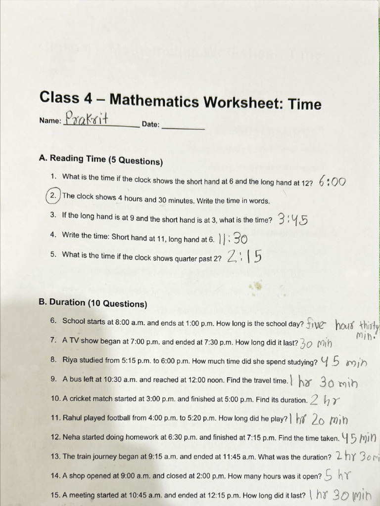 Maths Time Worksheet | PDF