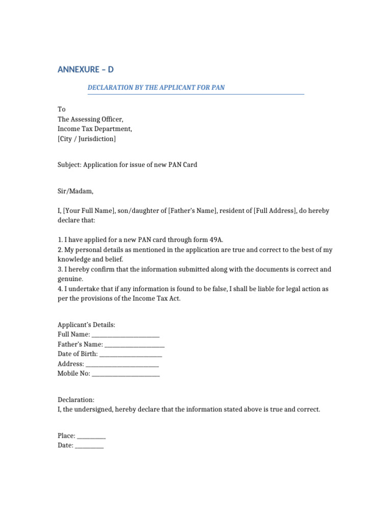 PAN Card Application Declaration | PDF