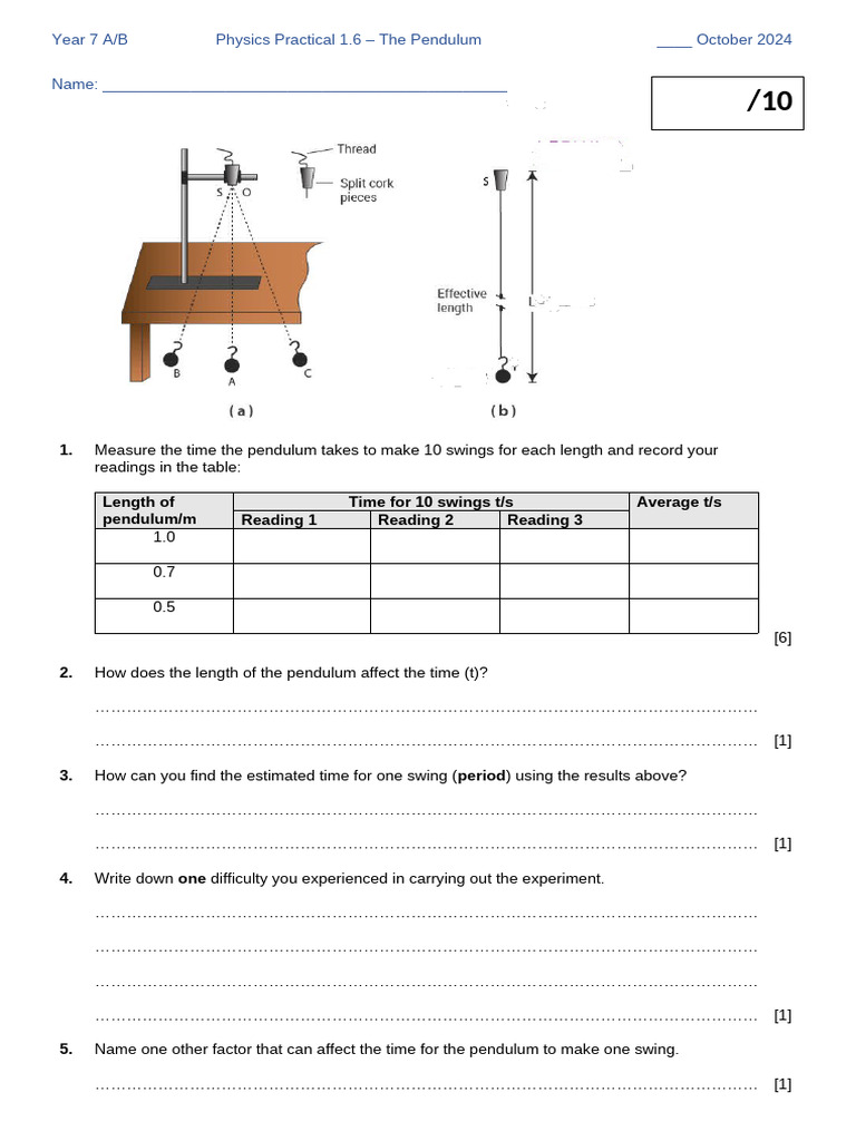 Year 7 Physics Practical (Unit 1.6 - The Pendulum) | PDF