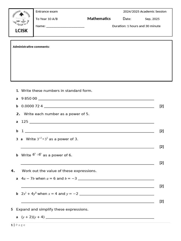 Year 10 Math Enterance Exam Sep 2025 | PDF | Triangle | Angle
