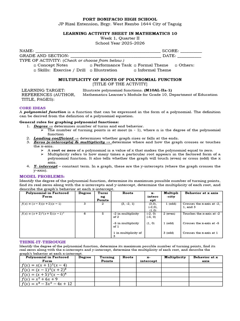 q2 WK 1 Day 1 Multiplicity of Roots of Polynomial Function | PDF | Zero ...