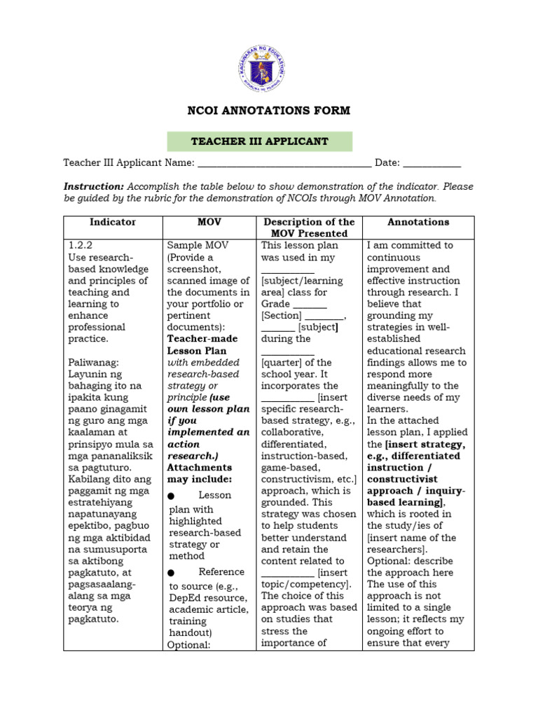 Sample Ncoi For Tiii Applicant | PDF | Lesson Plan | Learning