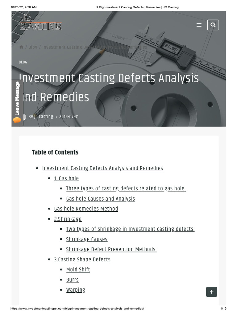 9 Big Investment Casting Defects _ Remedies _ JC Casting | PDF ...