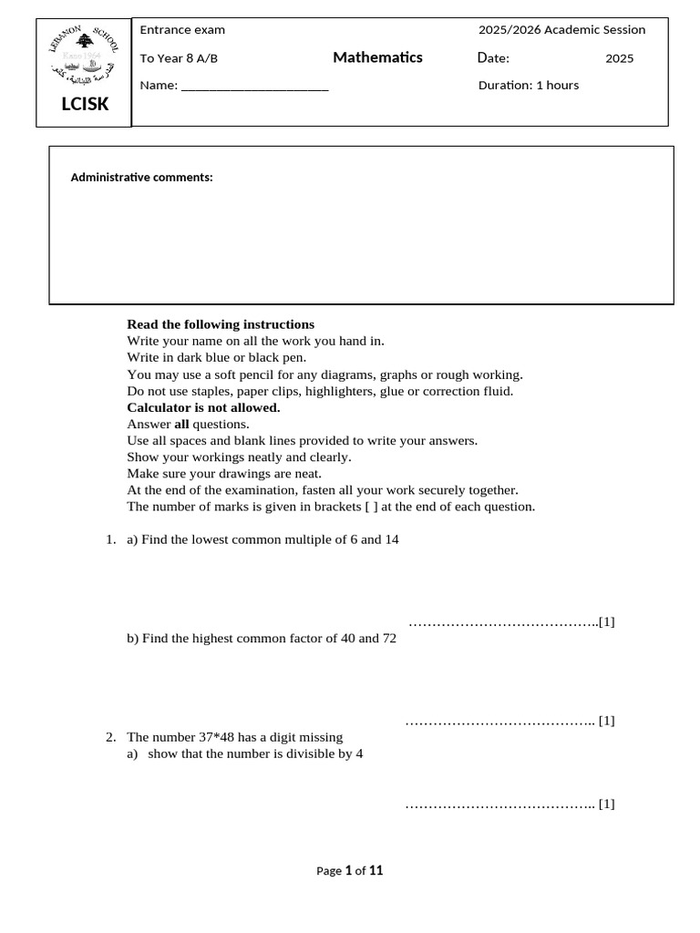 Year 8 Math Enterance Exam Sep 2025 1hr | PDF | Geometry | Mathematics