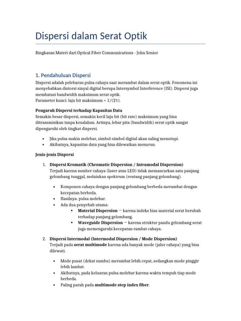 Dispersi Serat Optik | PDF