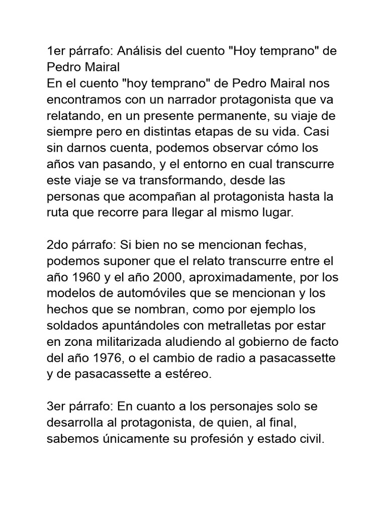 Análisis Del Cuento - Hoy Temprano - de Pedro Mairal | PDF