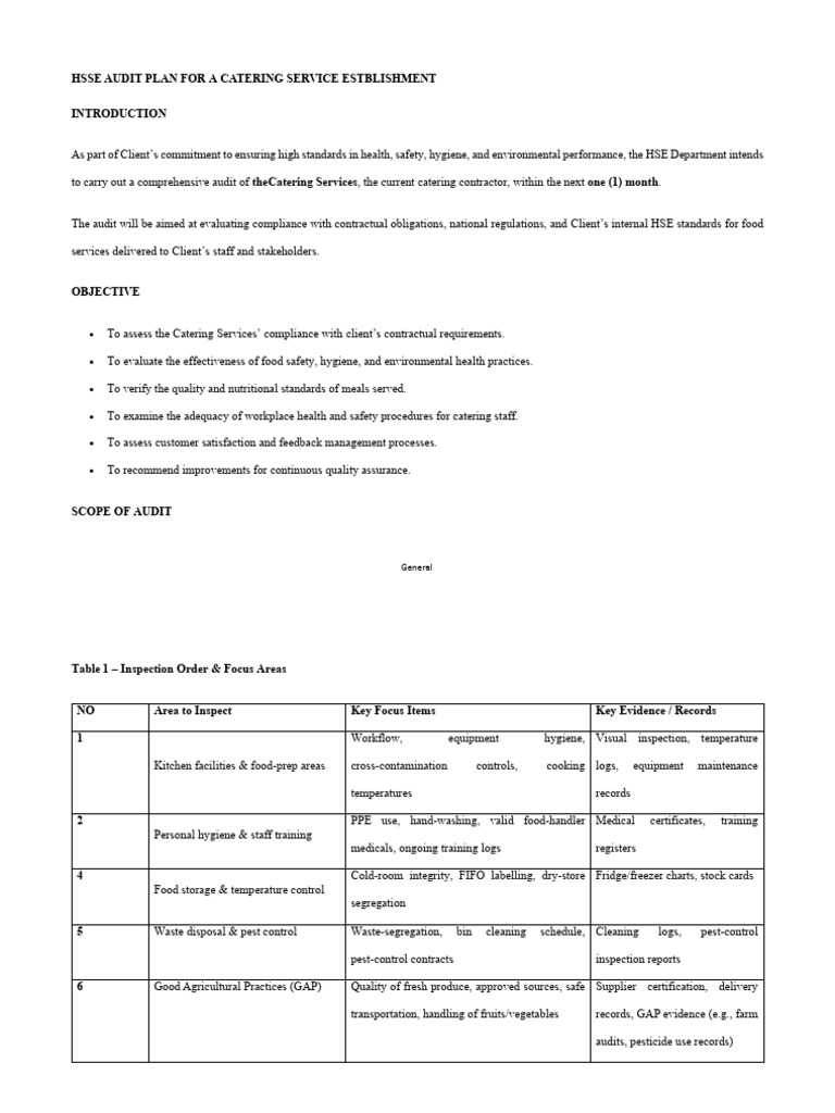Catering Service HSSE Audit Plan | PDF | Audit | Food Safety