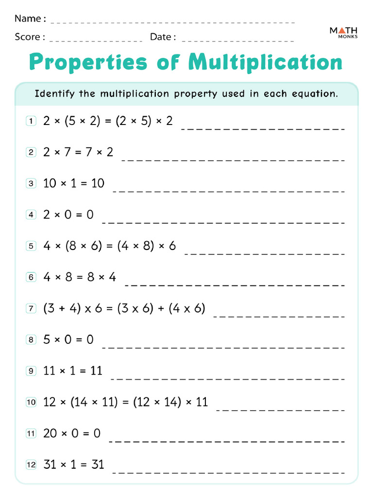Properties of Multiplication Worksheet | PDF