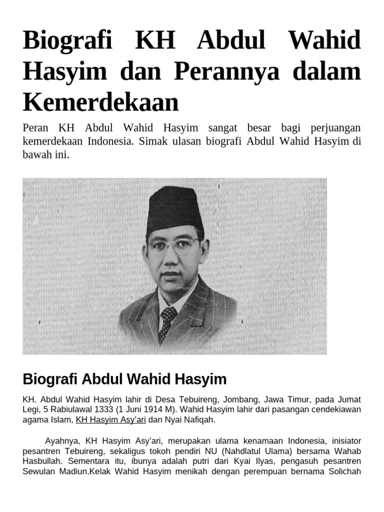 Biografi KH Abdul Wahid Hasyim Dan Perannya Dalam Kemerdekaan | PDF