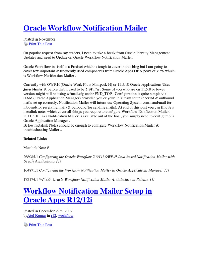 Oracle Workflow Notification Mailer | PDF | Email | System Administrator