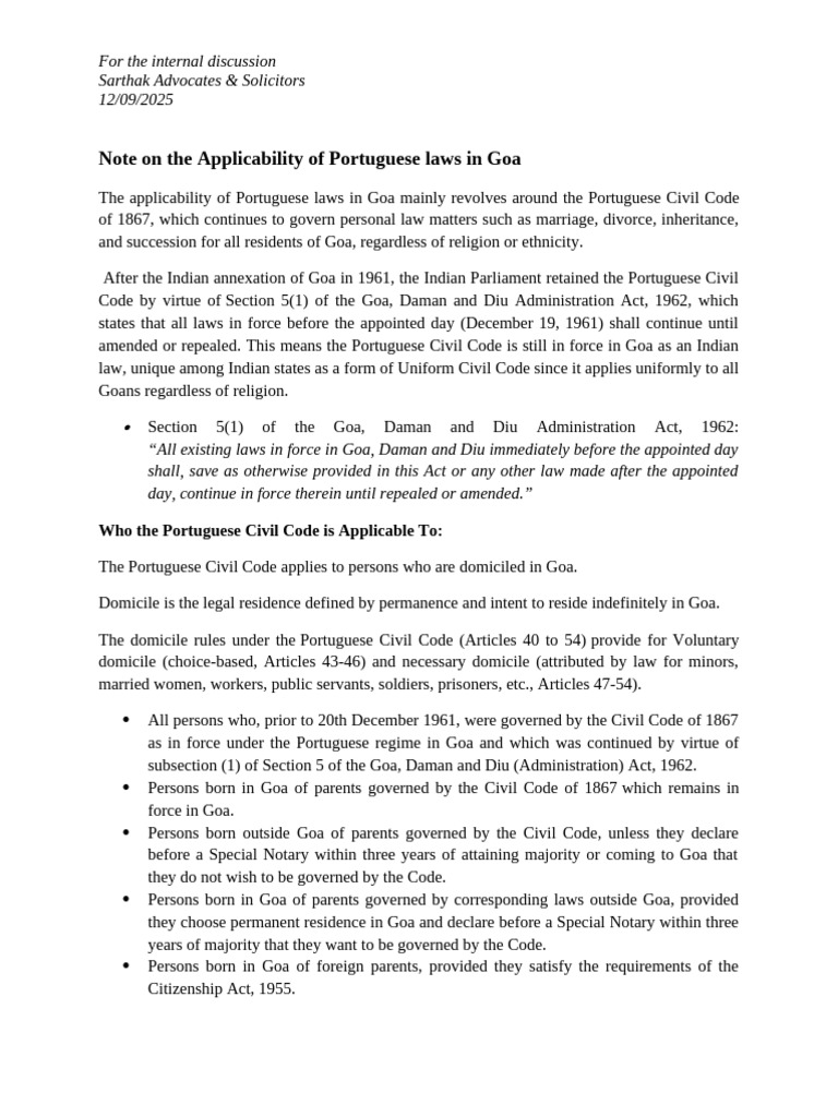 Portuguese Civil Code in Goa Explained | PDF | Domicile (Law) | Private Law