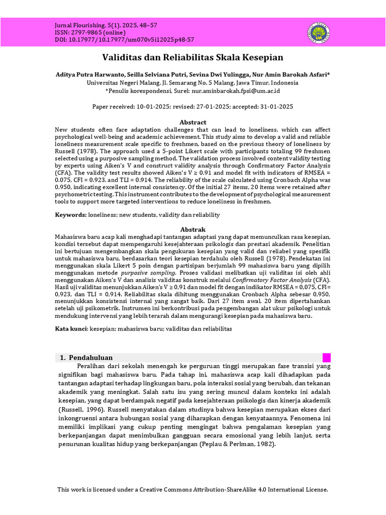 Validitas Dan Reliabilitas Skala Kesepian | PDF