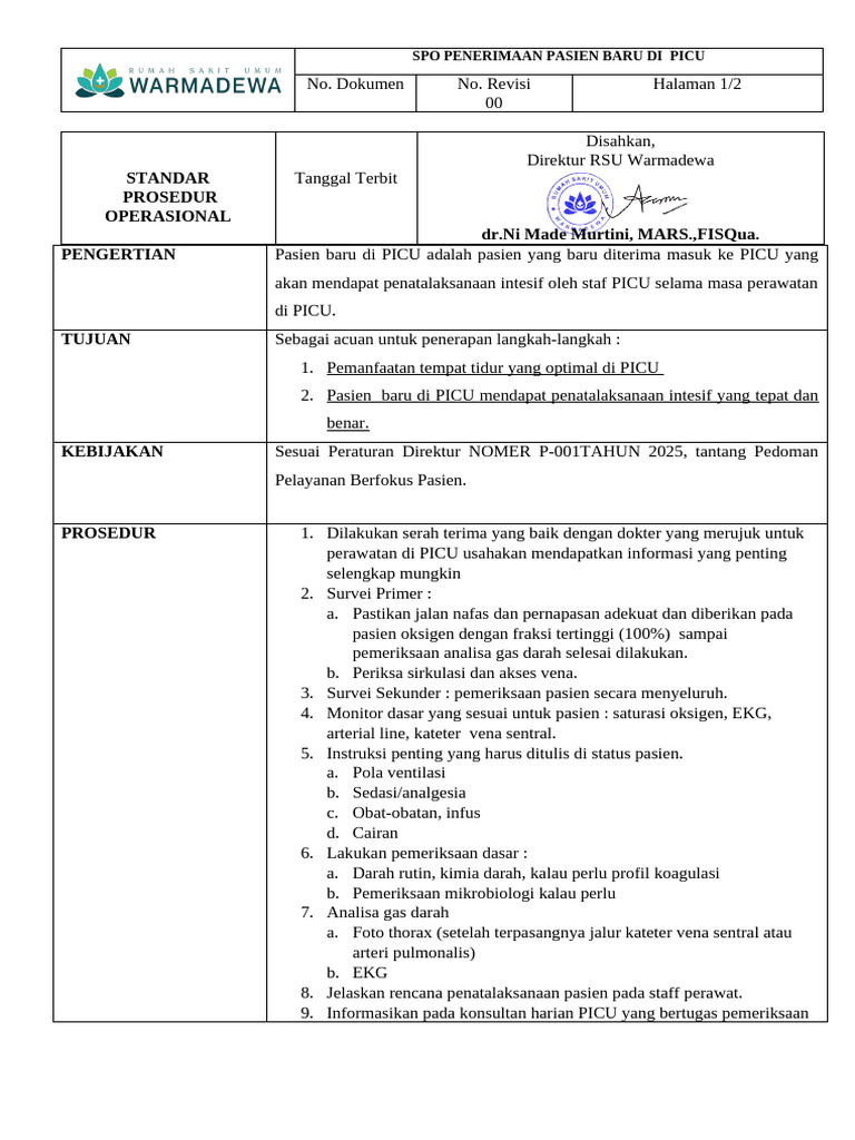 SPO Penerimaan Pasien Baru PICU | PDF