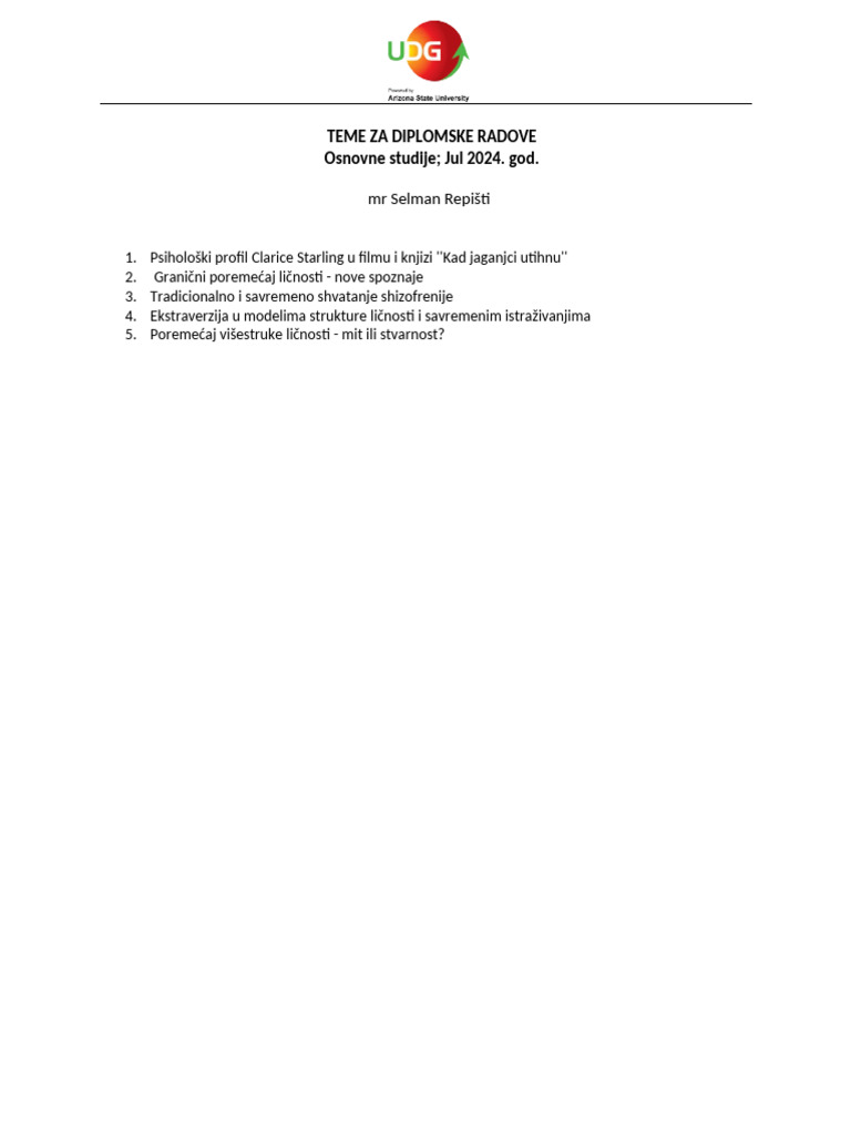 Selman Repišti - Teme Za Diplomski Rad | PDF