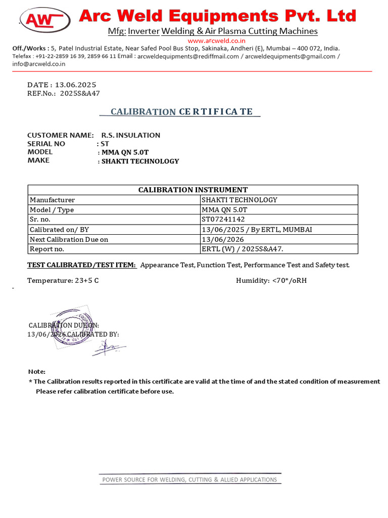 Welding Machine Calibration Certificate | PDF