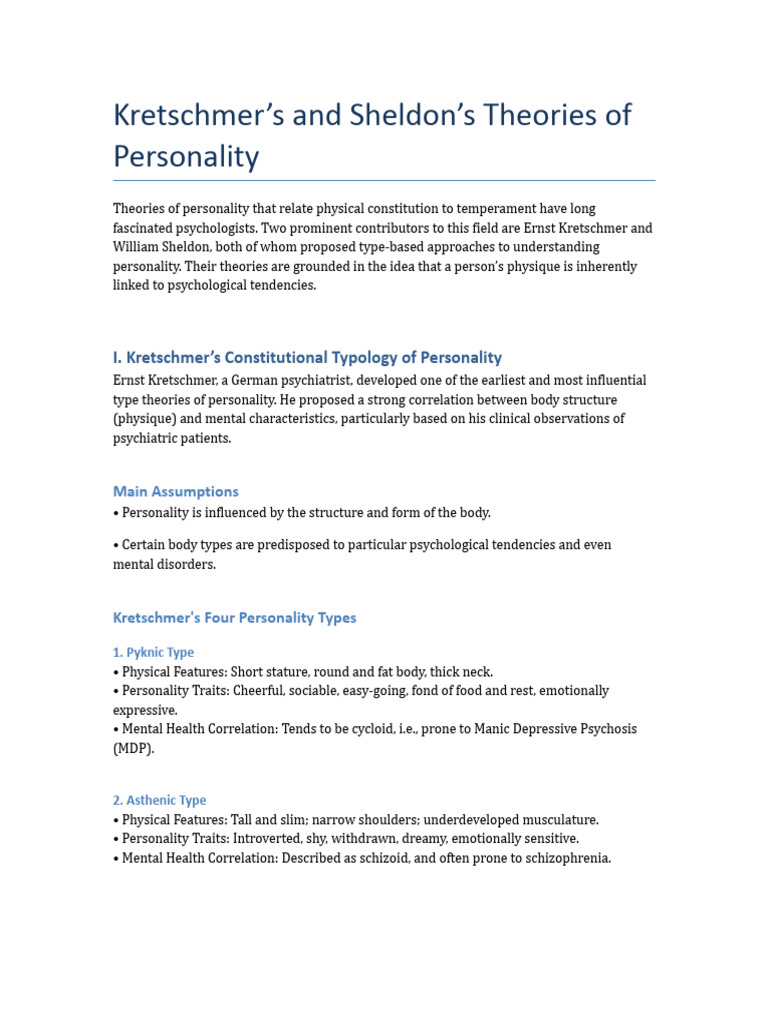Kretschmer and Sheldon Personality Theories | PDF | Temperament ...