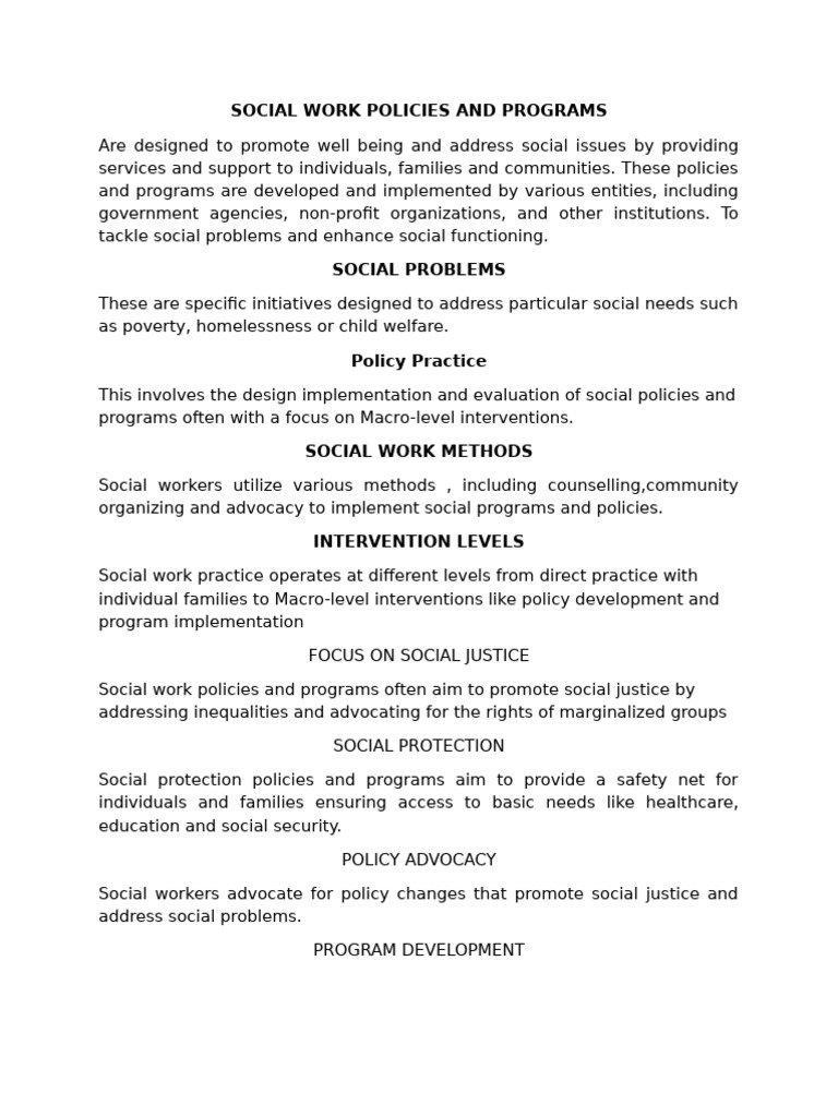 Social Work Policies and Programs Overview | PDF | Social Work | Policy