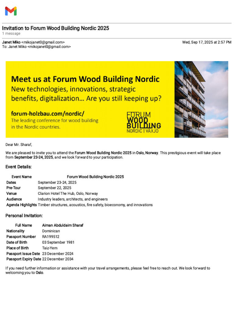 Gmail - Invitation To Forum Wood Building Nordic 2025 | PDF