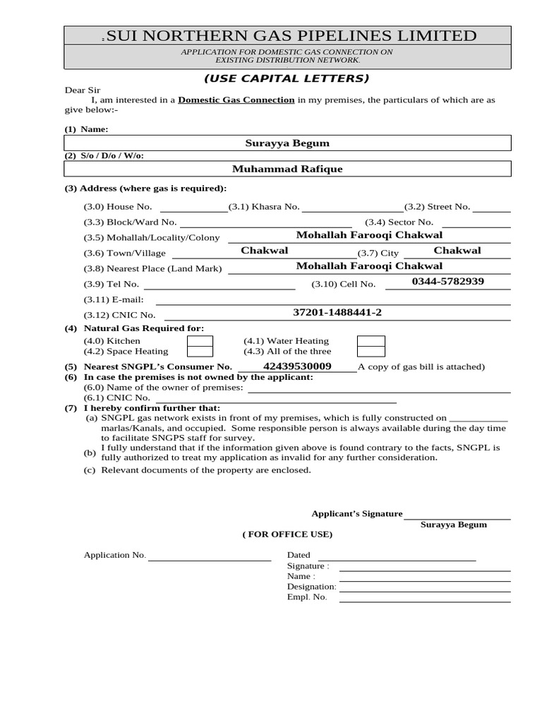 Sui Gas Application Form Rizi | PDF | Affidavit | Civil Law (Common Law)
