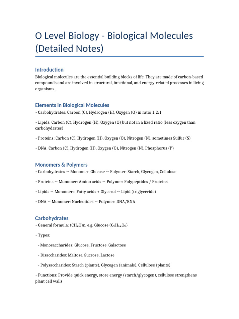 O Level Biology: Biological Molecules Guide | PDF | Biomolecules ...