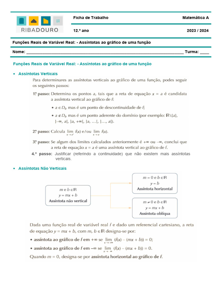 Assíntotas em Funções Reais: Estudo e Exercícios | PDF
