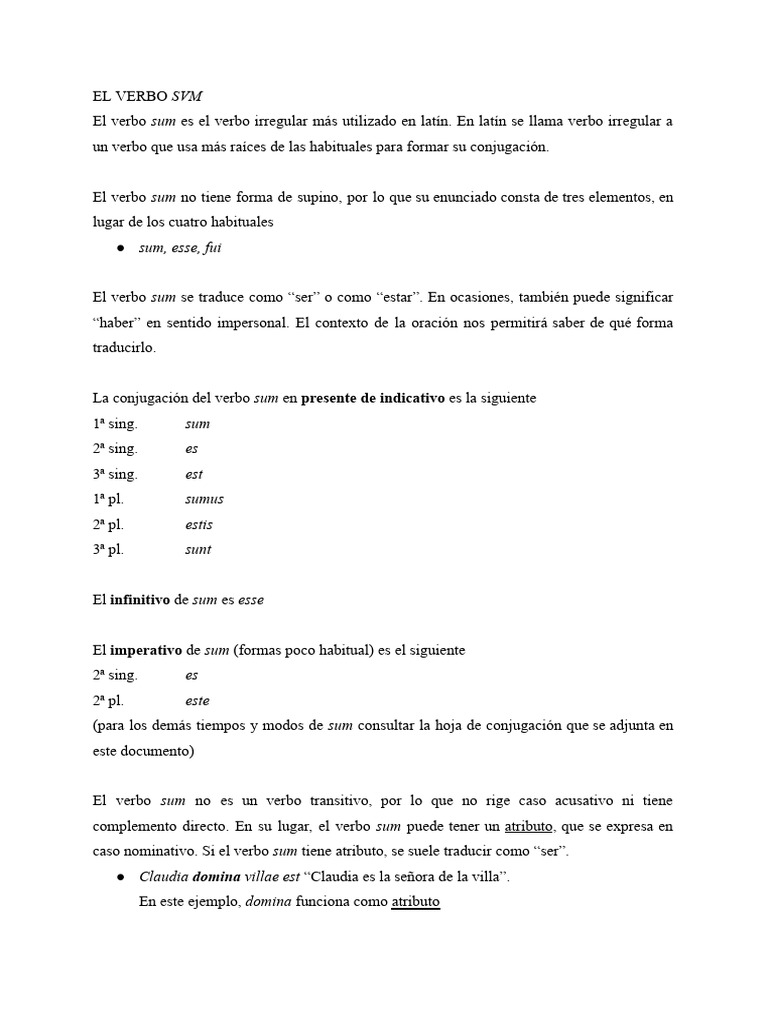 Conjugación del verbo "sum" en latín | PDF | Verbo | Relaciones sintácticas