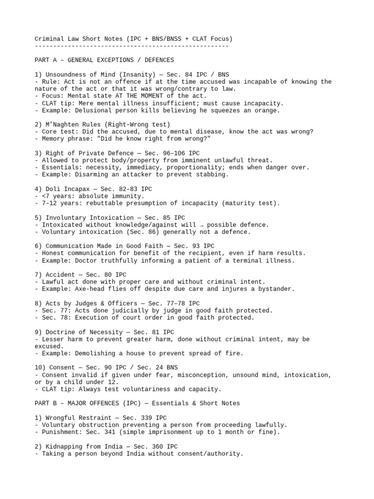Criminal Law Notes: IPC & Defenses Guide | PDF | Insanity Defense ...