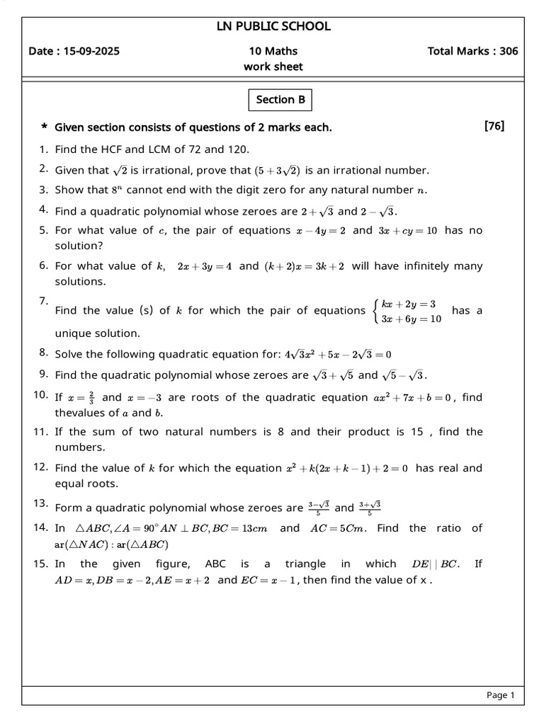 Class X Work Sheet For Term L | PDF | Circle | Quadratic Equation