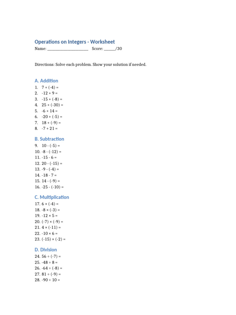 Operations on Integers Worksheet | PDF