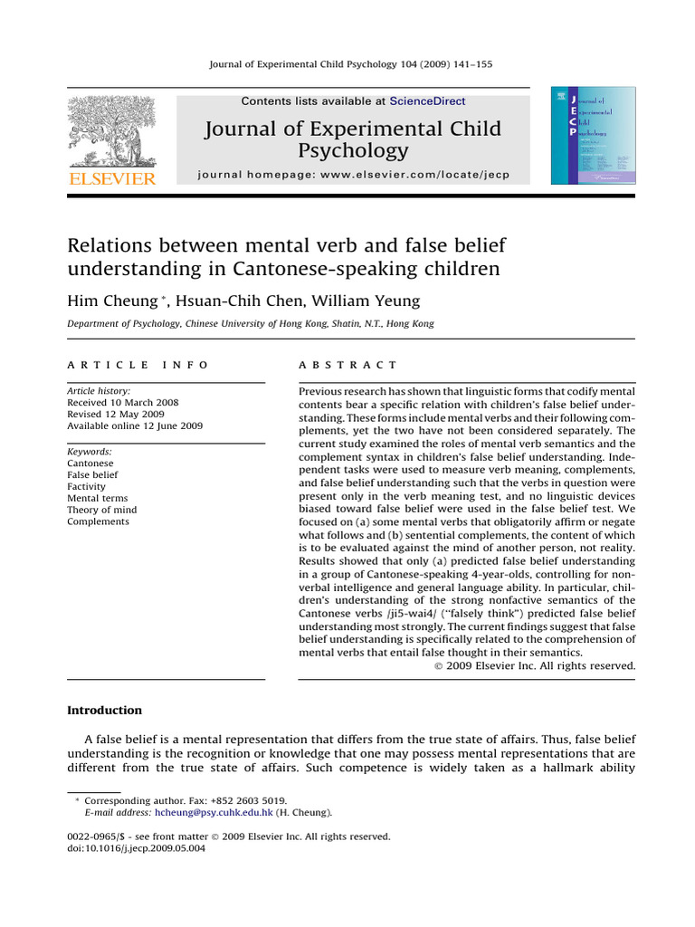 2009 Cheung Et Al. - Relations Between Mental Verb and False Belief ...