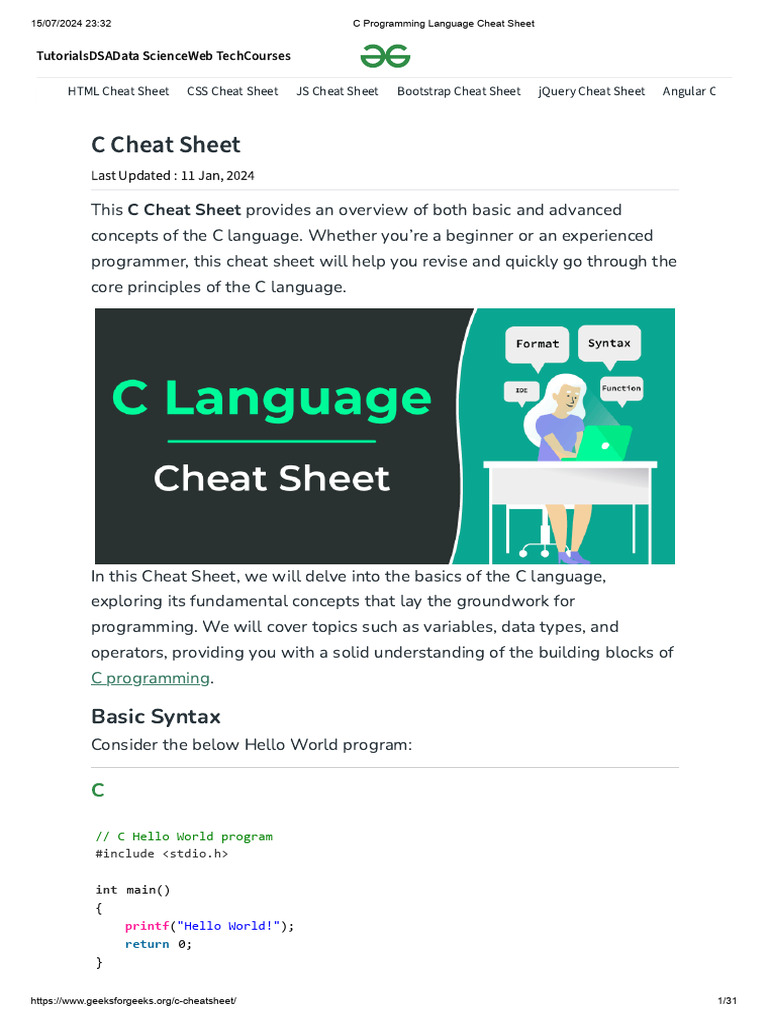 C Programming Language Cheat Sheet | PDF | Pointer (Computer Programming) | Parameter (Computer ...