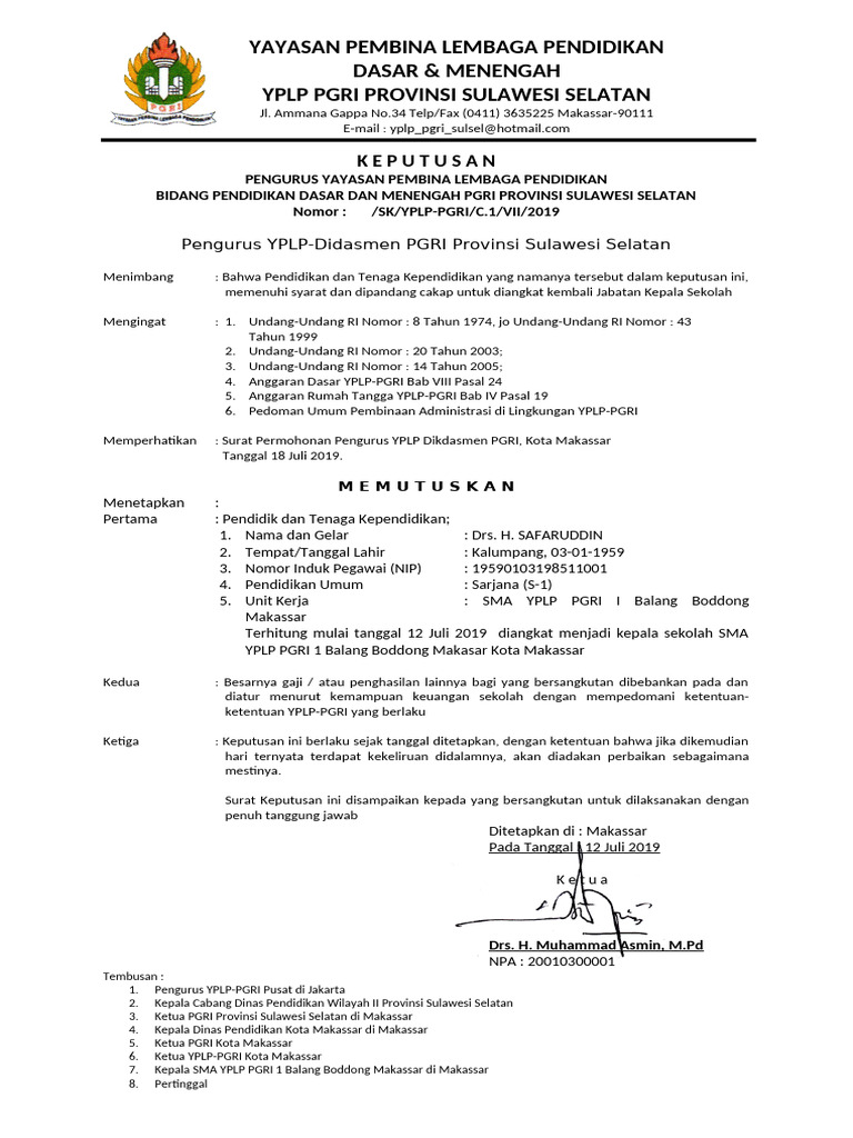 SK Pengangkatan Kepala Sekolah YPLP PGRI | PDF