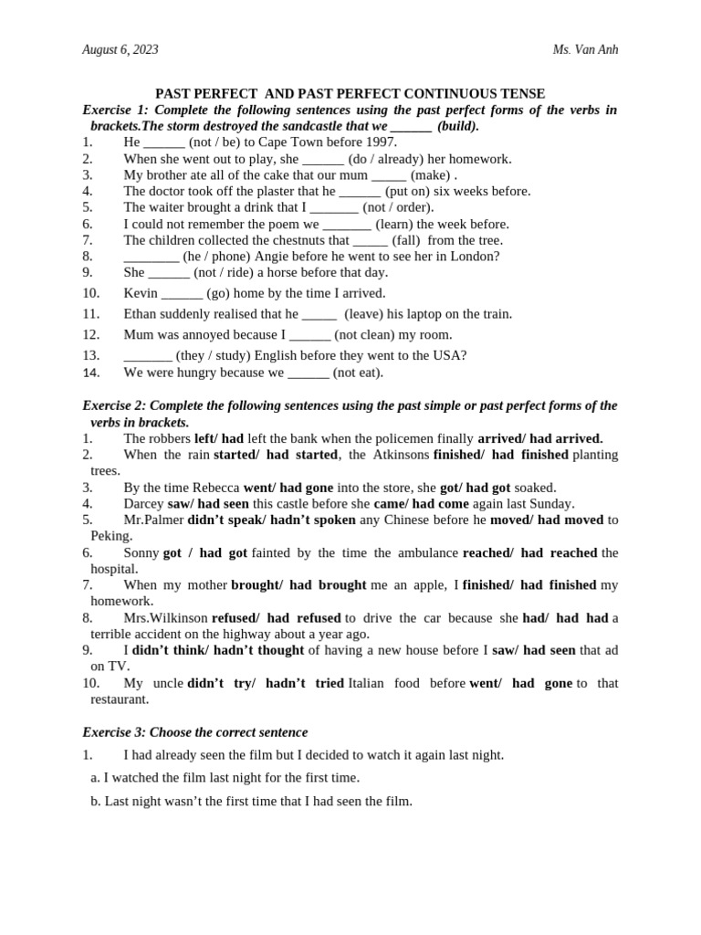Past Perfect Tense Exercises Guide | PDF