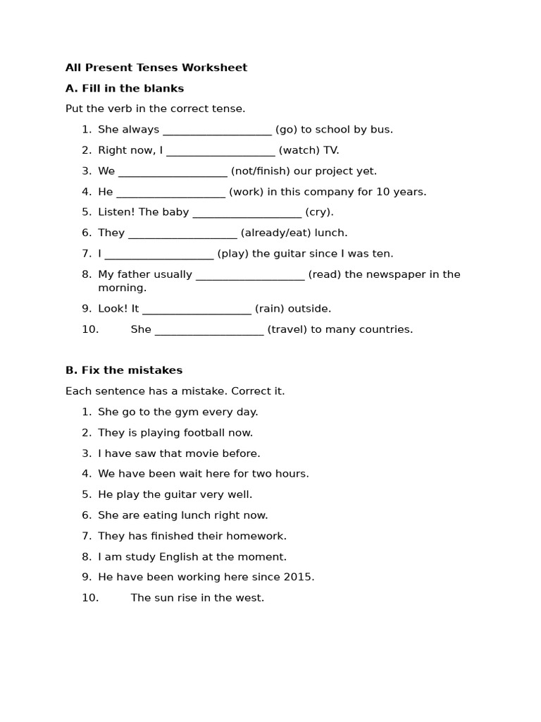 All Present Tenses Practice Worksheet | PDF