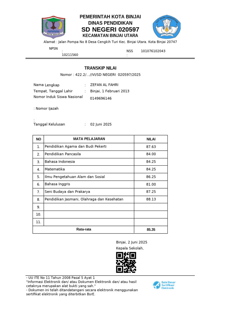 Transkip Nilai 2025 (Tte) - Zefan Al Fahri | PDF