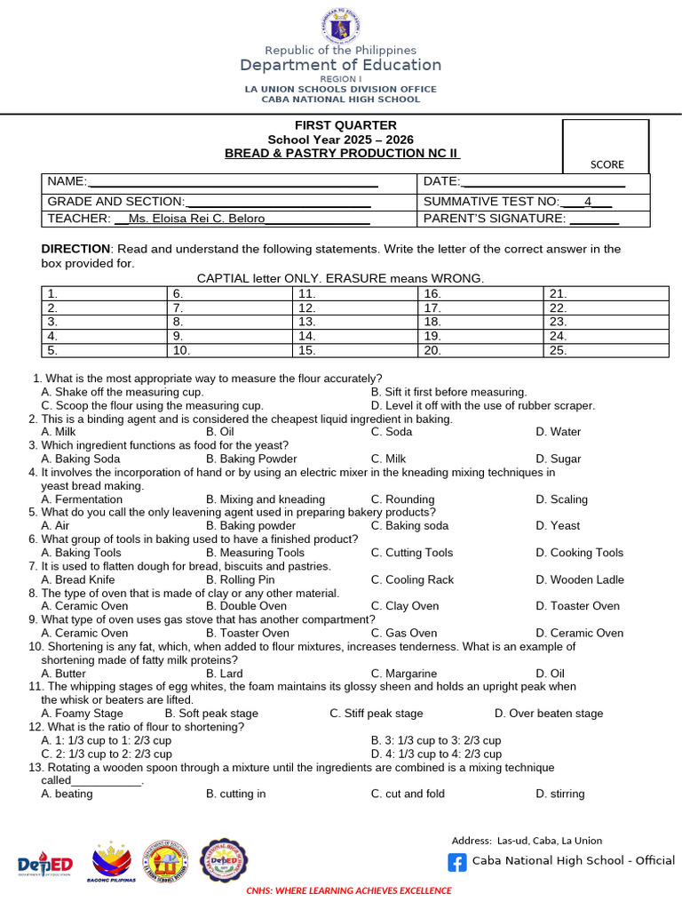 Q1 - BPP Summative Test 4 (New Temp.) | PDF | Baking | Cakes