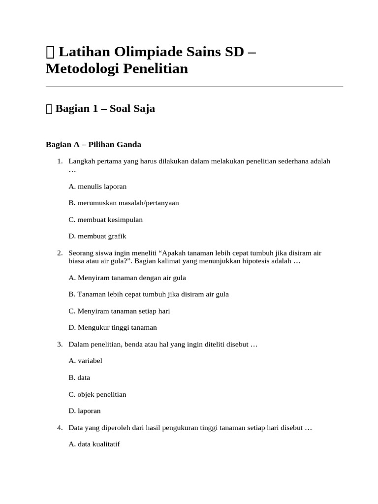 Latihan Penelitian Sains SD Lengkap | PDF