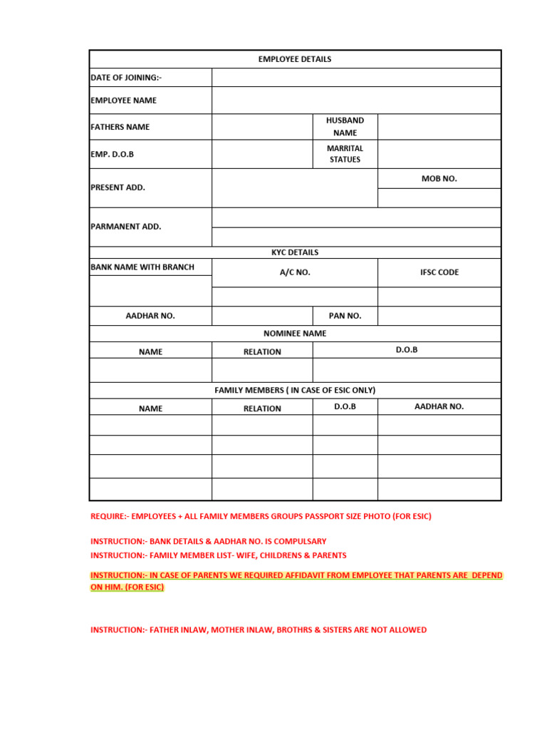 P.F.& ESIC Employee Format | PDF