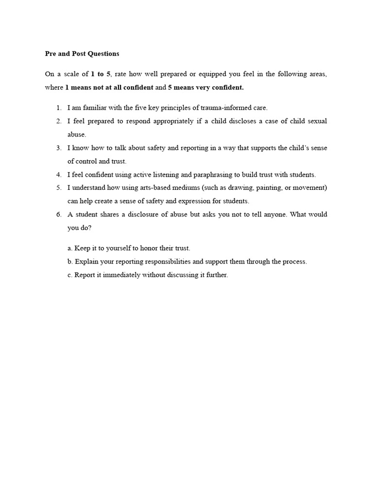 Pre and Post Questions - I Am Wellbeing Team (Trauma-Informed Care) | PDF