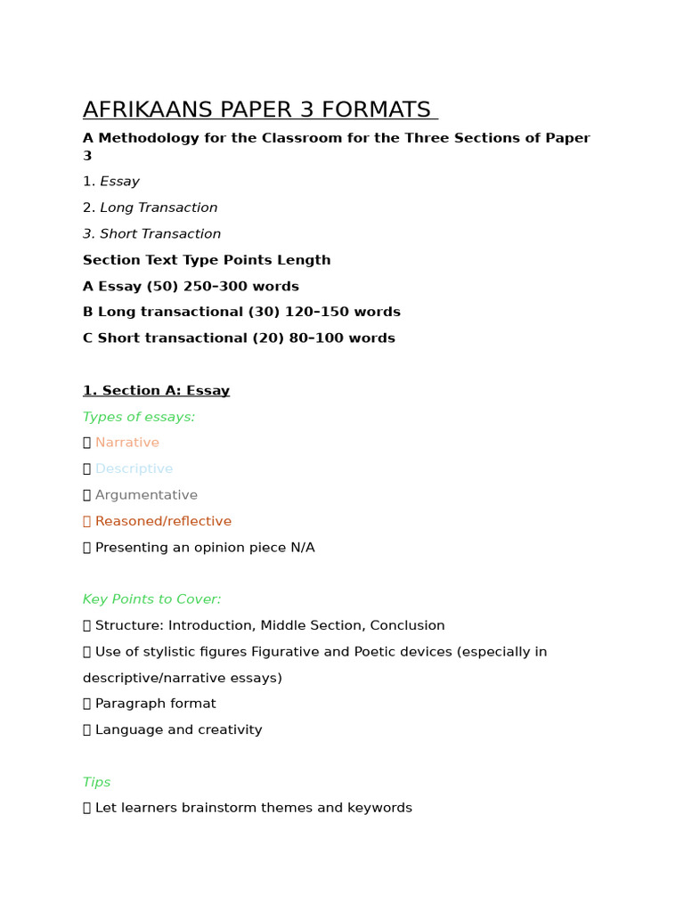 Afrikaans Paper 3 Formats Guide | PDF | Essays | Narrative
