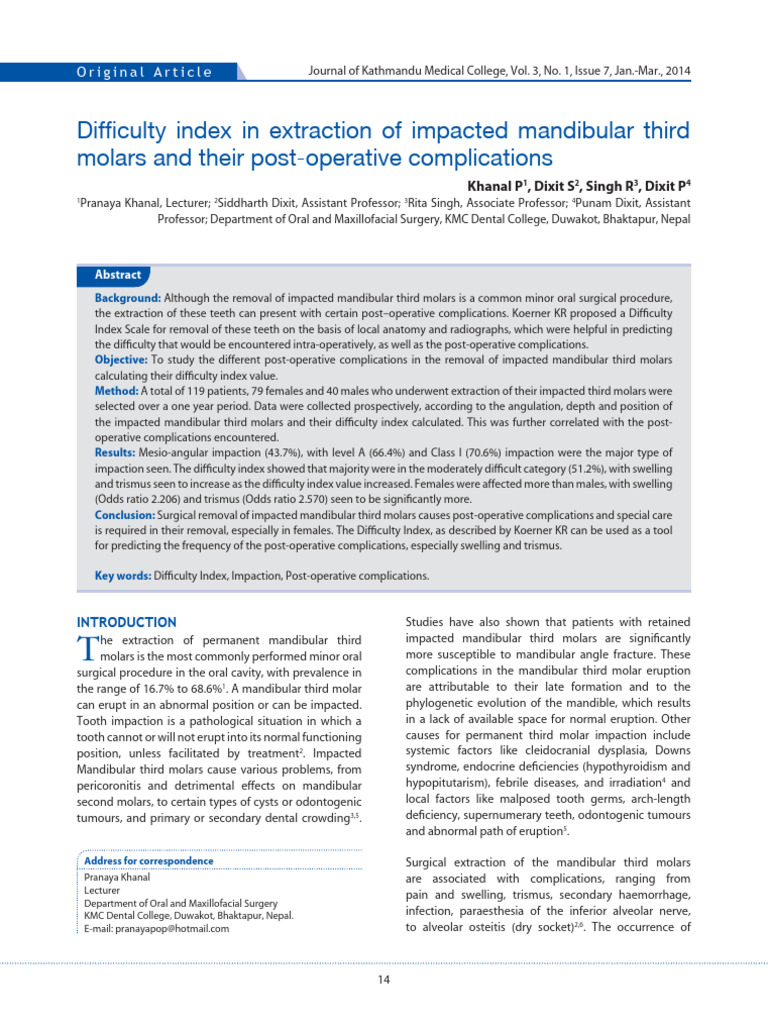 J Kathmandu Med Coll 2014. Difficulty Index in Extraction of Impacted ...