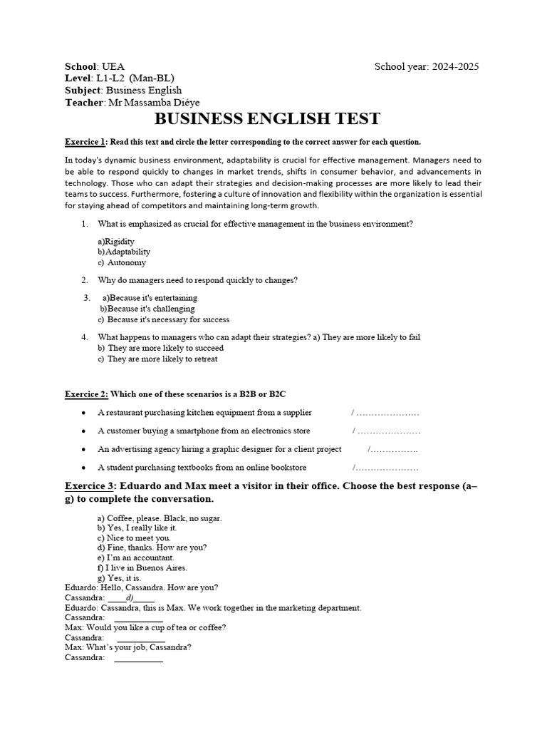 Business English Test (Man-Bl) | PDF | Marketing | Business