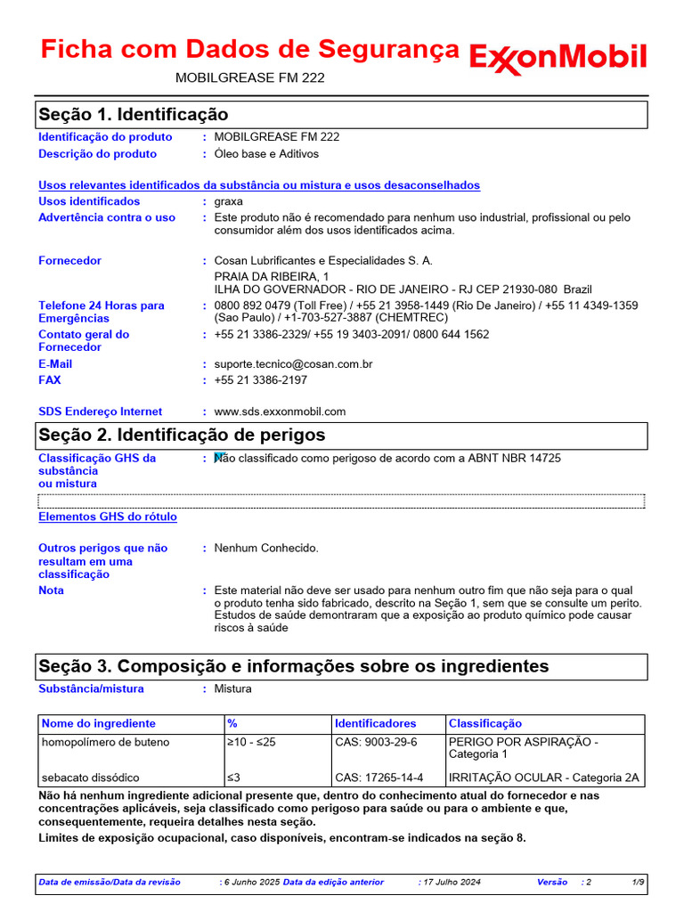 Ficha Técnica Mobilgrease FM 222 | PDF | Temperatura | Primeiros socorros