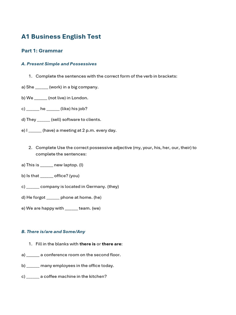 A1 Business English Grammar Test | PDF | Linguistics | Grammar