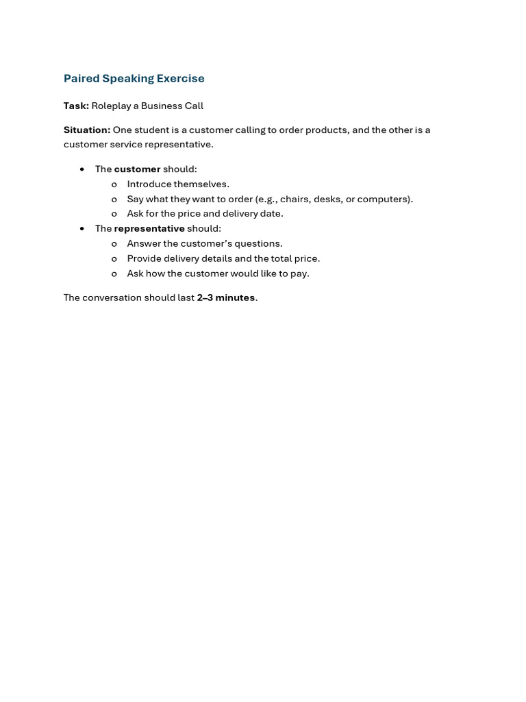 Business Call Roleplay Exercise | PDF