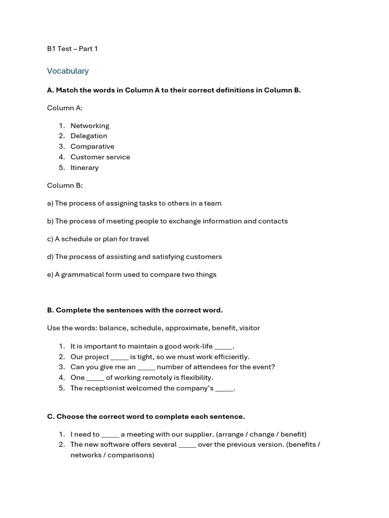B1 Level Test - Part 1 | PDF